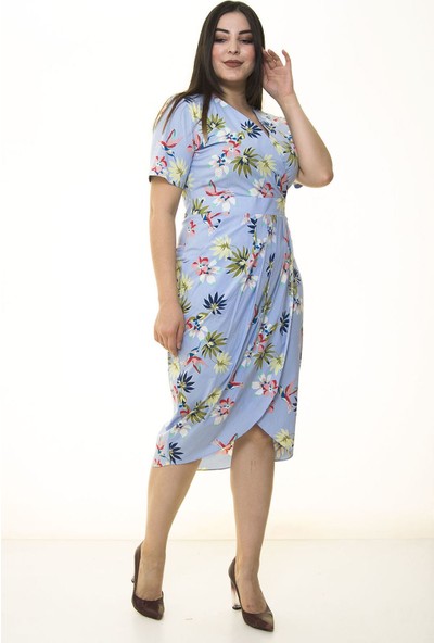 Modayız Belden Oturtma Büyük Beden Mavi Elbise 22C-1337 Modayız Belden Oturtma Büyük Beden Mavi Elbise 22C-1337