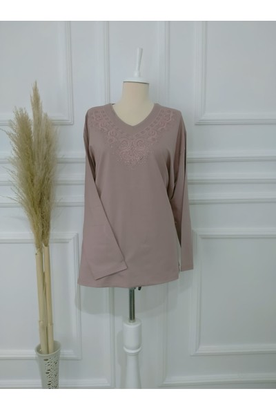 Nacar Çarşı Kadın Büyük Beden Gül Kurusu Anne Penye Bluz