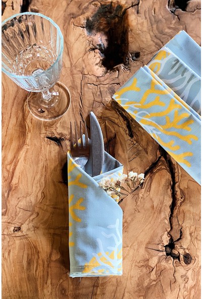 E-Sanat Evi 8'li Organik Kumaşlı Sarı Mercan Servis Sunum Peçetesi