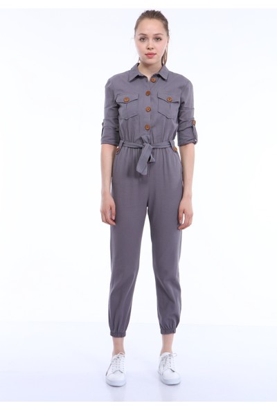 Yare Önden Düğmeli Kuşaklı Uzun Kollu Gabardin Tulum