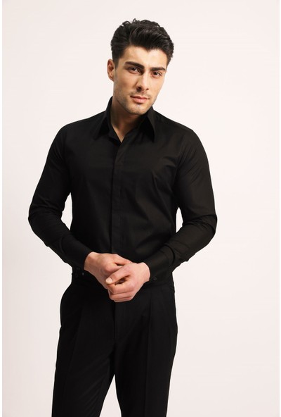 Fc Plus Siyah Uzun Yaka Düz Erkek Gömlek - Slım Fıt
