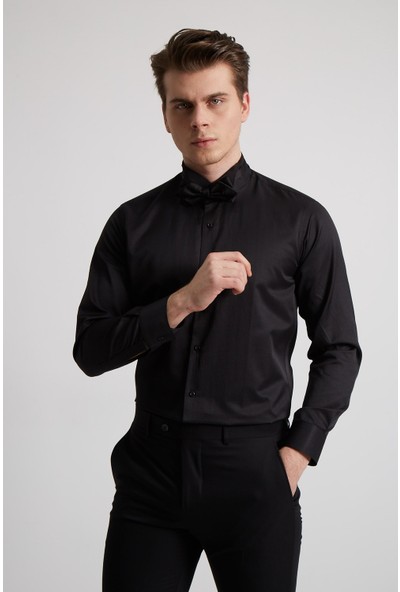 Fc Plus Siyah Ata Yaka Pamuk Erkek Gömlek - Slım Fıt
