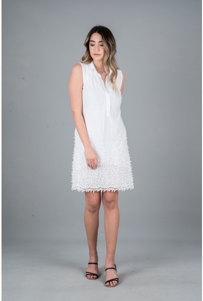 Efes Beyaz Astarlı Elbise Kolsuz