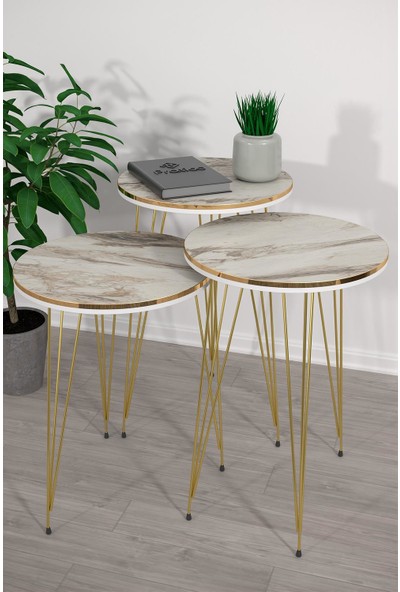 Pratico Gold Tel Ayaklı Beyaz Mermer Çift Kenar Zigon Sehpa