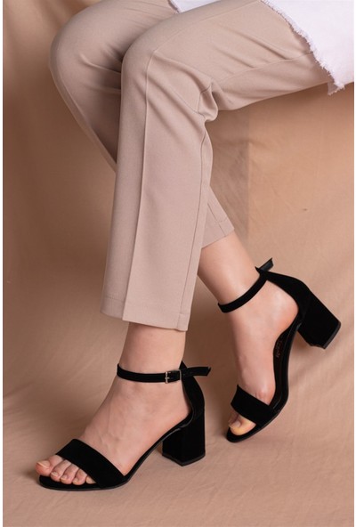 Wovs Kadın - Topuklu Ayakkabı - Tek Bantlı - Siyah Süet
