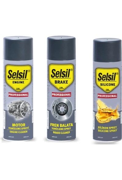 Selsil Oto Bakım Seti Motor Temizleme 500 ml / Silikon Sprey 500 ml / Fren Balata Spreyi 500 ml Selsil Oto Bakım Seti Motor Temizleme 500 ml / Silikon Sprey 500 ml / Fren Balata Spreyi 500 ml