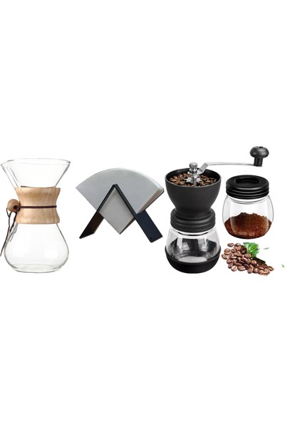 Grossberg Coffee Cam Kahve Demleme Sürahisi Chemex Fitre Kağıdı Değirmen Set Grossberg Coffee Cam Kahve Demleme Sürahisi Chemex Fitre Kağıdı Değirmen Set