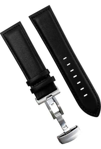 Trendburada 20MM Saat Uyumlu Siyah Renk Dikişli Gümüş Klipsli Deri Saat Kordonu Kayışı