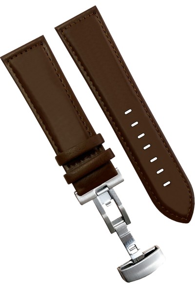 Trendburada 22MM Saat Uyumlu Kahverengi Renk Dikişli Gümüş Klipsli Deri Saat Kordonu Kayışı