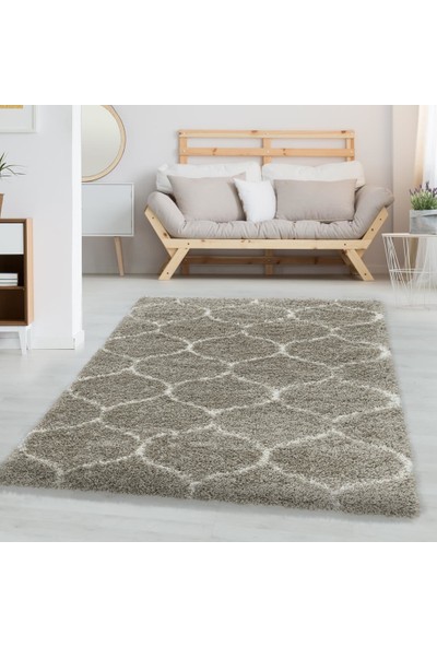 Oves Home Desenli Shaggy Halı Yumuşak Karo Desenli Bej Krem Renklerde