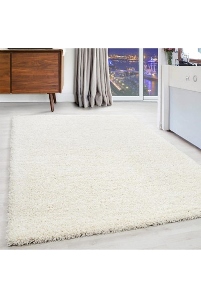 Oves Home Shaggy Halı 50 mm Hav Yüksekliğinde Düz Krem Renginde