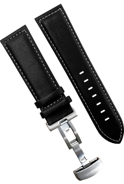 Wesse Saat Uyumlu 22MM Siyah Renk Beyaz Dikişli Gümüş Klipsli Deri Saat Kordonu Kayışı