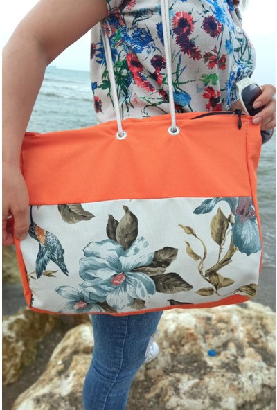Ranadan Gri Çiçek ve Kuş Desenli Fermuarlı Plaj Çantası + Cüzdan