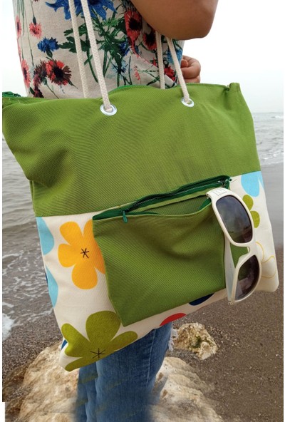Ranadan Papatya Çiçek Desenli Plaj Çantası + Cüzdan