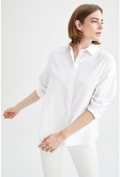 DeFacto Basic Oversize Fit Keten Görünümlü Gömlek V2521AZ21HS DeFacto Basic Oversize Fit Keten Görünümlü Gömlek V2521AZ21HS