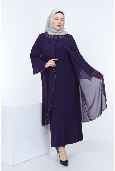 Perya Boncuk Işlemeli Şifon Abiye Elbise Mor