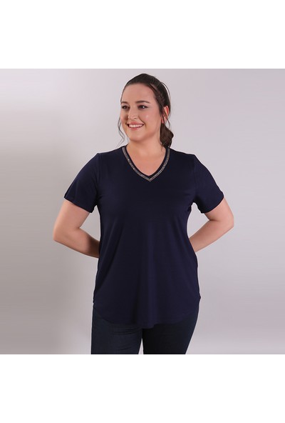 Trend42plus V Yaka Taş Şeritli Lacivert Bluz