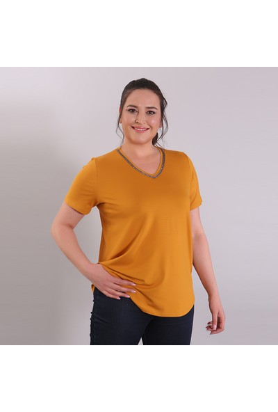 Trend42plus V Yaka Taş Şeritli Hardal Bluz