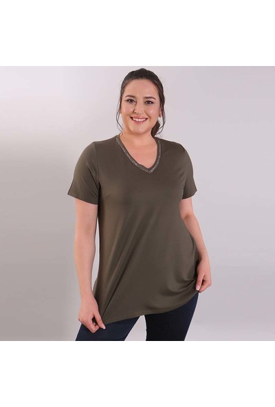 Trend42plus V Yaka Taş Şeritli Haki Bluz