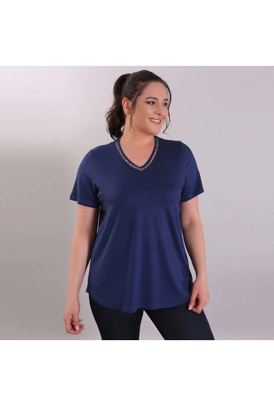 Trend42plus V Yaka Taş Şeritli Indigo Bluz