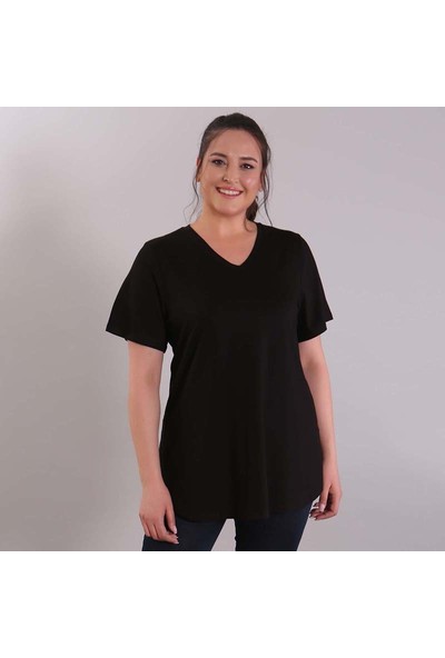 Trend42plus V Yaka Bantlı Siyah Bluz