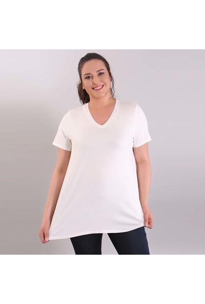 Trend42plus V Yaka Bantlı Ekru Bluz