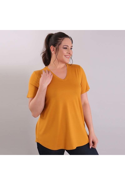 Trend42plus V Yaka Bantlı Hardal Bluz