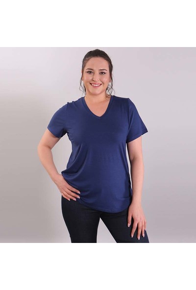 Trend42plus V Yaka Bantlı Indigo Bluz