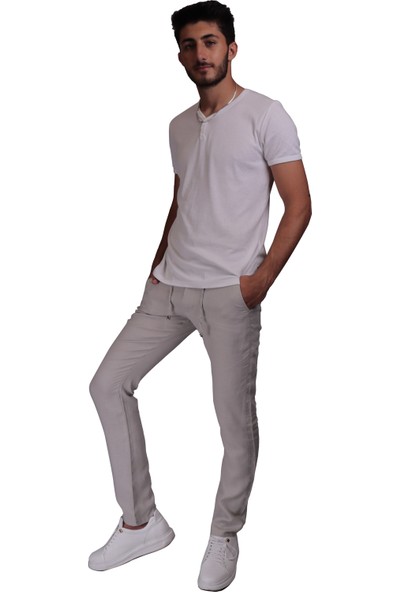 Danielvoi Erkek Gri Lastikli Keten Keten Pantolon