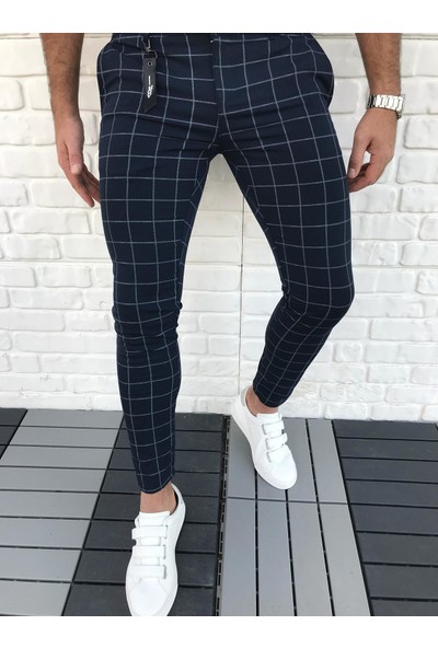 ukdwear Erkek Lacivert Dar Kesim Ekose Kumaş Pantolon