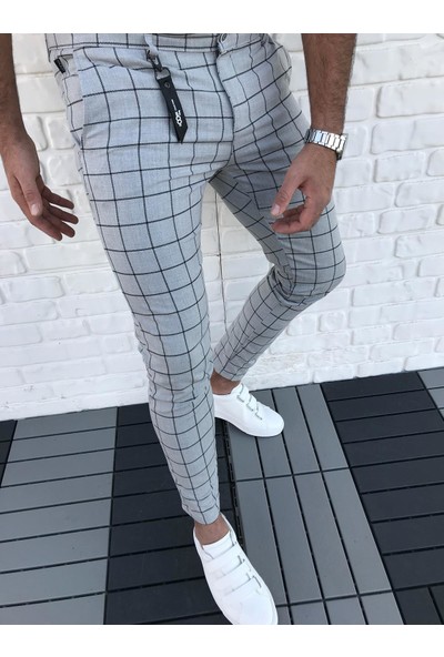 ukdwear Erkek Açık Gri Dar Kesim Ekose Kumaş Pantolon ukdwear Erkek Açık Gri Dar Kesim Ekose Kumaş Pantolon