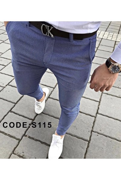 ukdwear Erkek Mavi Petek Desen Keten Pantolon