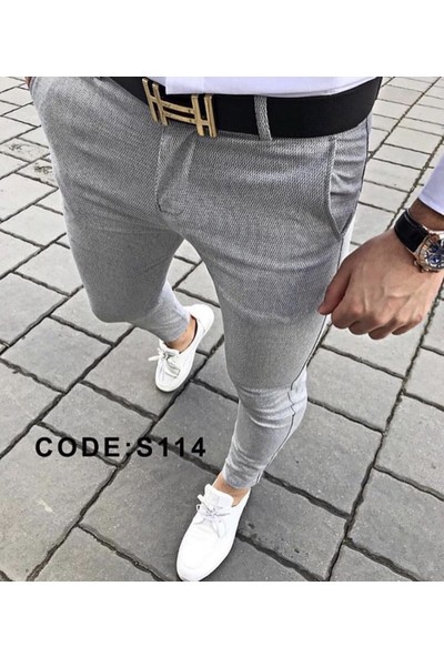 ukdwear Erkek Gri Petek Desen Keten Pantolon