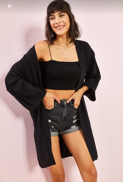 Dnz Kadın Siyah Düz Renk Uzun Kimono