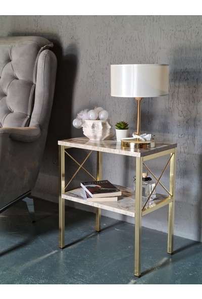 Avm Park Stally Komodin Beyaz Mermer Gold Ayak