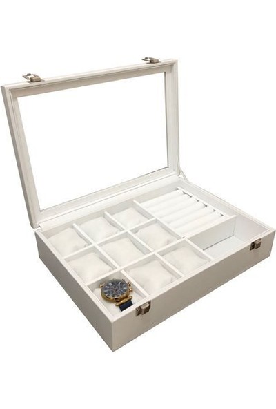 Aydın Dekor Cam Kapaklı Deri Beyaz Saat-Yüzük-Gözlük Kutusu (Aydındecor)