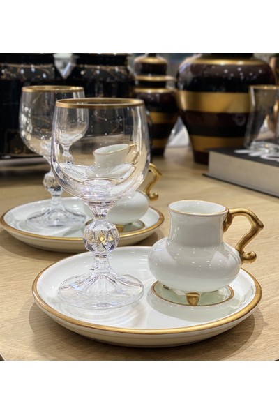Onedekor 6'lı Şah Sunum Tabaklı Kahve Fincanı Beyaz