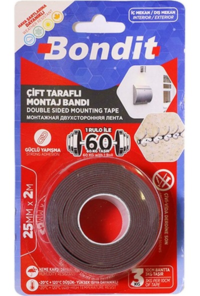Bondit Çift Taraflı Montaj Bandı Şeffaf Bant 25 mm x 2 Metre
