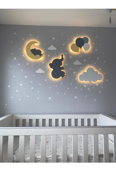 Bugy Bagy Fil, Balonlar Bulut ve Ay Üstünde Uyuyan Fil Dekoratif Lamba Seti