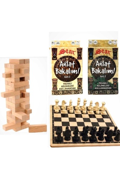 Megame Ahşap Satranç Seti, Jenga Anlat Bakalım Seti, Zek Oyun Seti Megame Ahşap Satranç Seti, Jenga Anlat Bakalım Seti, Zek Oyun Seti