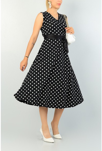 Butik Şımarık Kadın Büyük Beden Krep Kumaş Sıfır Kol Kemer Dahil Kruvaze Yaka Puantiyeli Elbise Boy 120CM