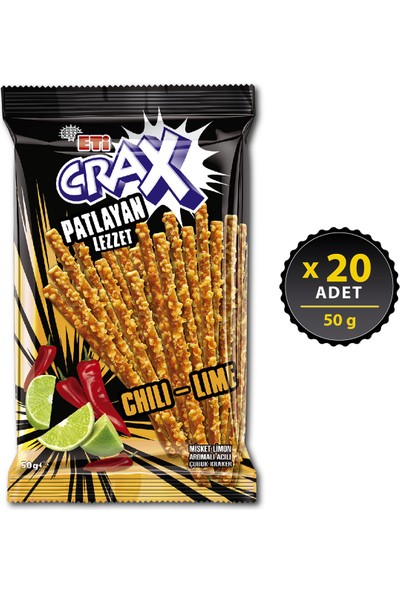 Eti Crax Patlayan Lezzet Chili-Lime Çubuk Kraker 50 g x 20 Adet Eti Crax Patlayan Lezzet Chili-Lime Çubuk Kraker 50 g x 20 Adet