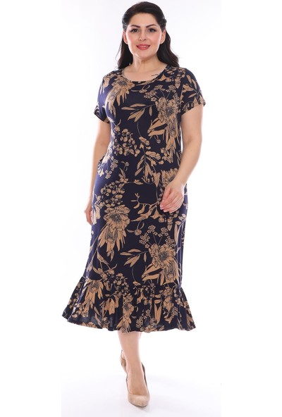 Modayız Desenli Eteği Fırfırlı Büyük Beden Elbise 23C-0951 Modayız Desenli Eteği Fırfırlı Büyük Beden Elbise 23C-0951