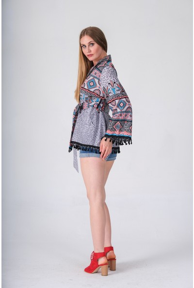 Narina Pamuklu Vual Kumaştan Kimono Püskül Detaylı Kısa Pareo ve Plaj Elbisesi