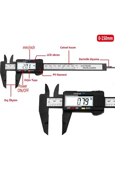 KRG Kumpas Dijital Karbon Fiber Hassas 150MM Kalınlık Ölçer Pil Dahil KRG Kumpas Dijital Karbon Fiber Hassas 150MM Kalınlık Ölçer Pil Dahil