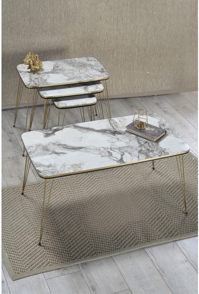 Fancy Mobilya Beyaz Mermer Desenli Çift Renk Gold Metal Ayaklı Orta Sehpa ve 3'lü Zigon Sehpa Set Fancy Mobilya Beyaz Mermer Desenli Çift Renk Gold Metal Ayaklı Orta Sehpa ve 3'lü Zigon Sehpa Set