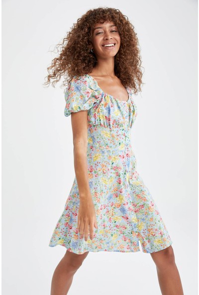 DeFacto U Yaka Balon Kollu Çiçekli Mini Elbise U7564Az21Hs