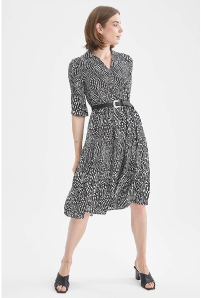 DeFacto Sevgililer Günü Leopar Desenli Kemer Detaylı Midi Gömlek Elbise V6553AZ21AU