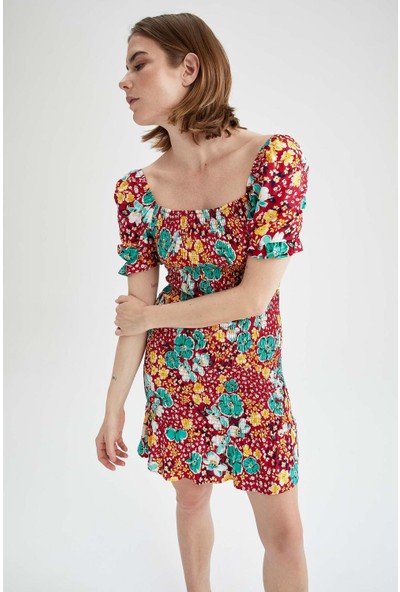 DeFacto Carmen Yaka Balon Kollu Çiçekli Mini Elbise V7888Az21Hs