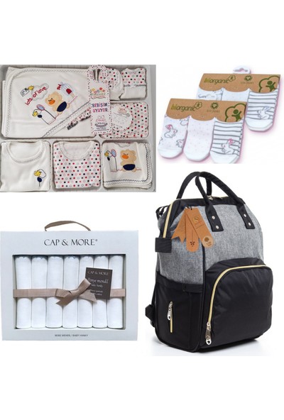 Sahra Bebek 4'lü Büyük Hastane Çıkış ve Doğum Seti (10’lu Hastane Çıkış Seti, Leke Tutmaz Su Geçirmez Bebek Bakım Sırt Çantası, 7’li Mendil Seti ve 3’lü Bebek Çorap Seti) Sahra Bebek 4'lü Büyük Hastane Çıkış ve Doğum Seti (10’lu Hastane Çıkış Seti, Leke Tutmaz Su Geçirmez Bebek Bakım Sırt Çantası, 7’li Mendil Seti ve 3’lü Bebek Çorap Seti)